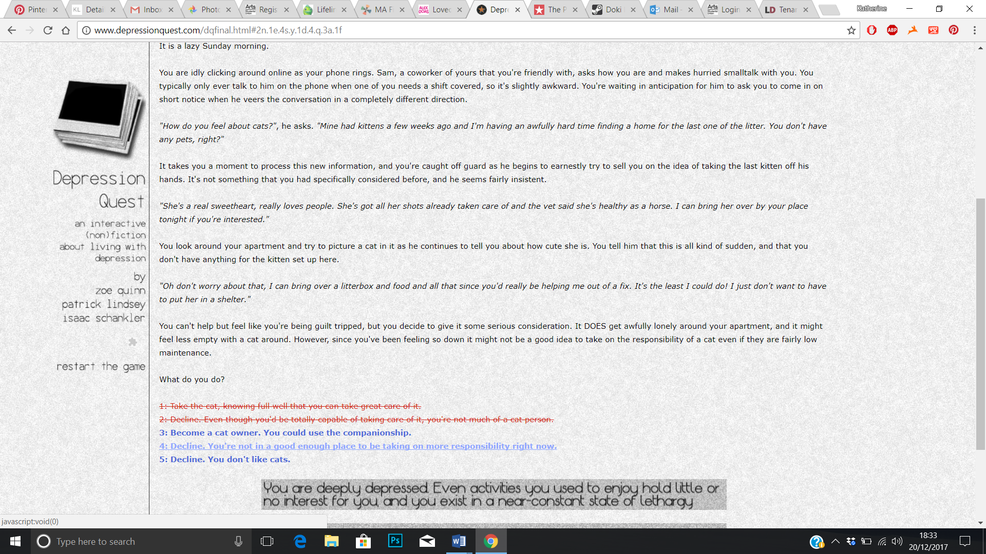 Depression Quest Play-through and Analysis – KAT OUTTEN